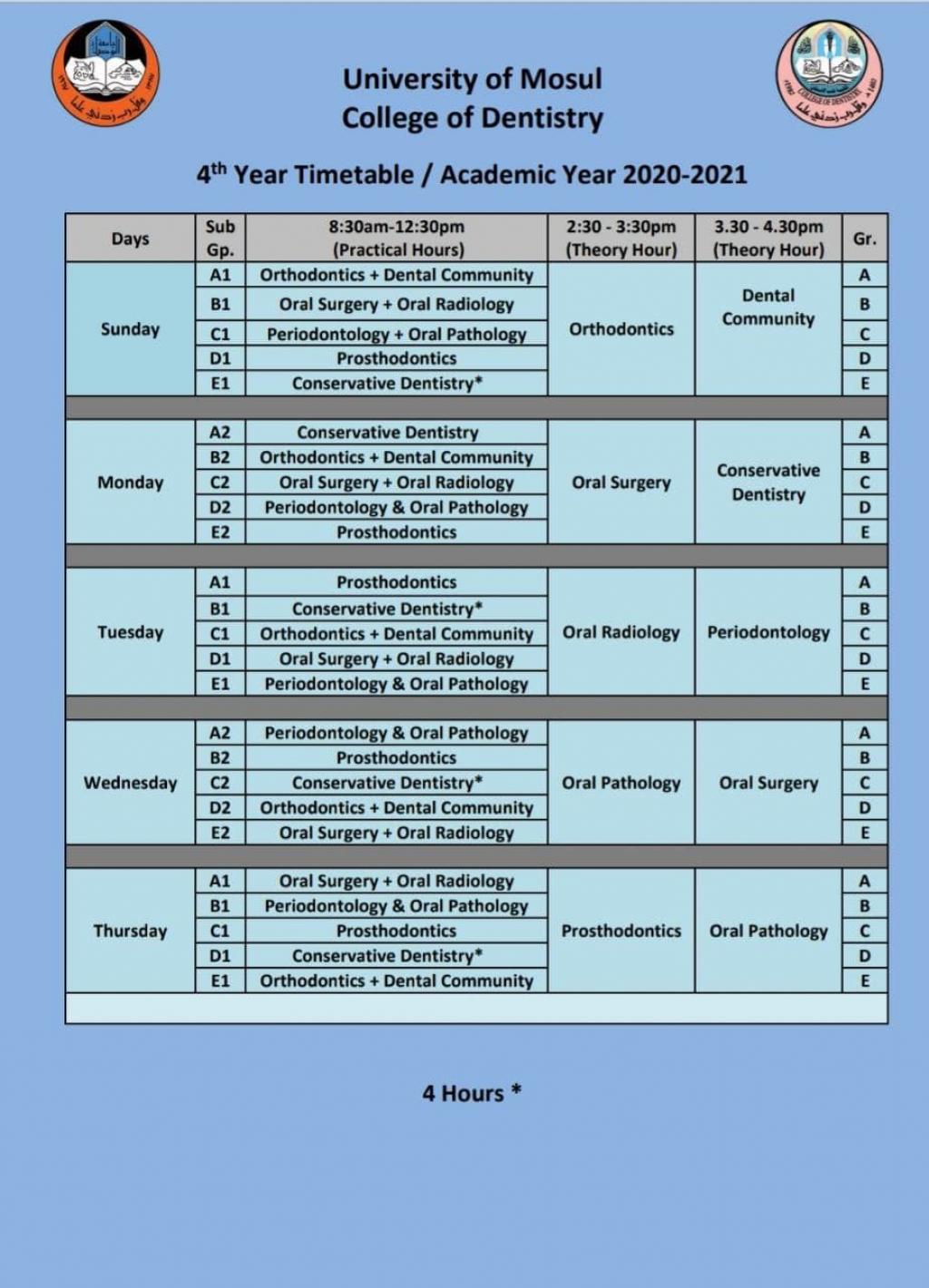 Student Timetable / Academic Year 2020-2021 – College of Dentistry
