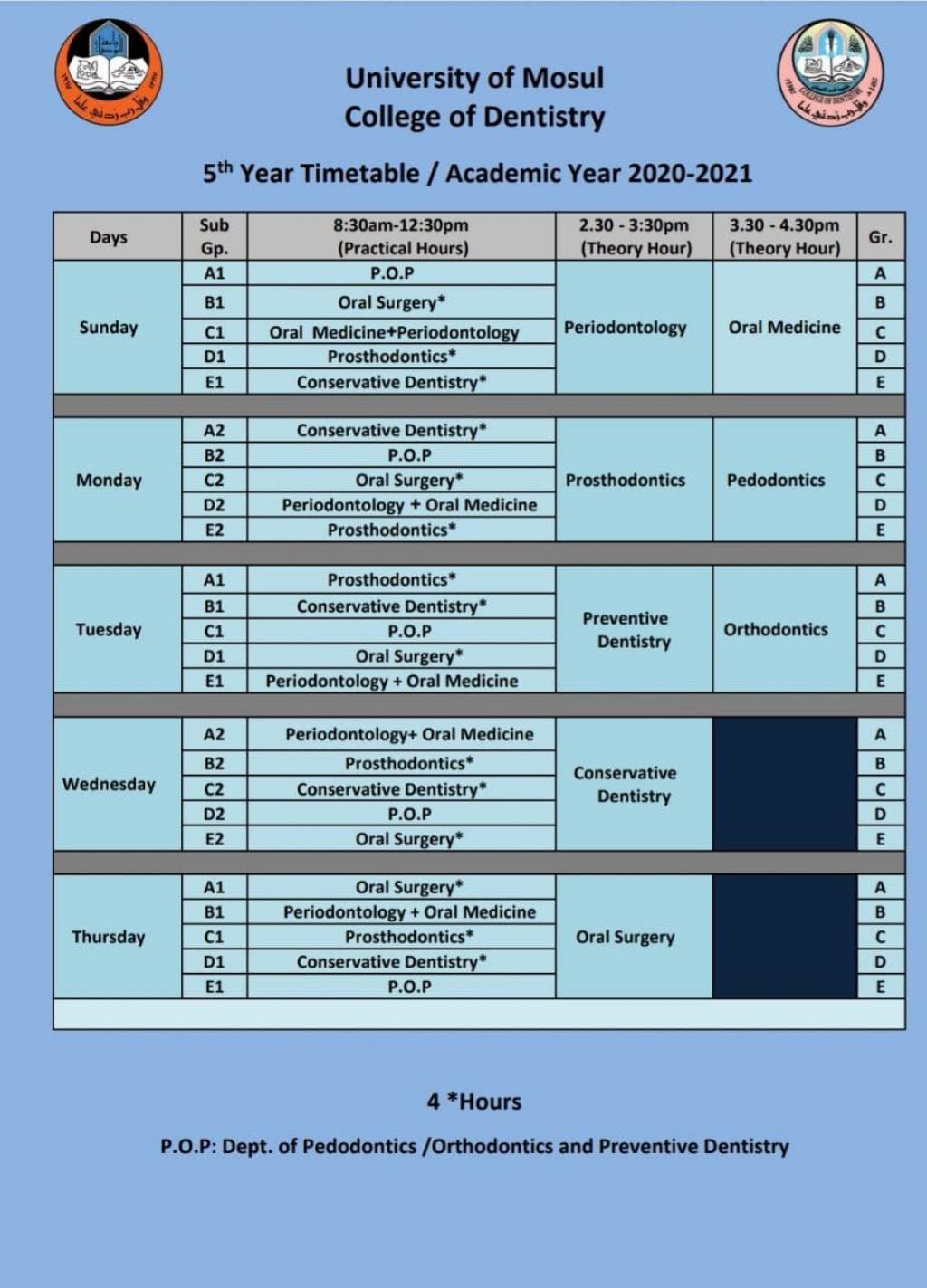 Student Timetable / Academic Year 2020-2021 – College of Dentistry