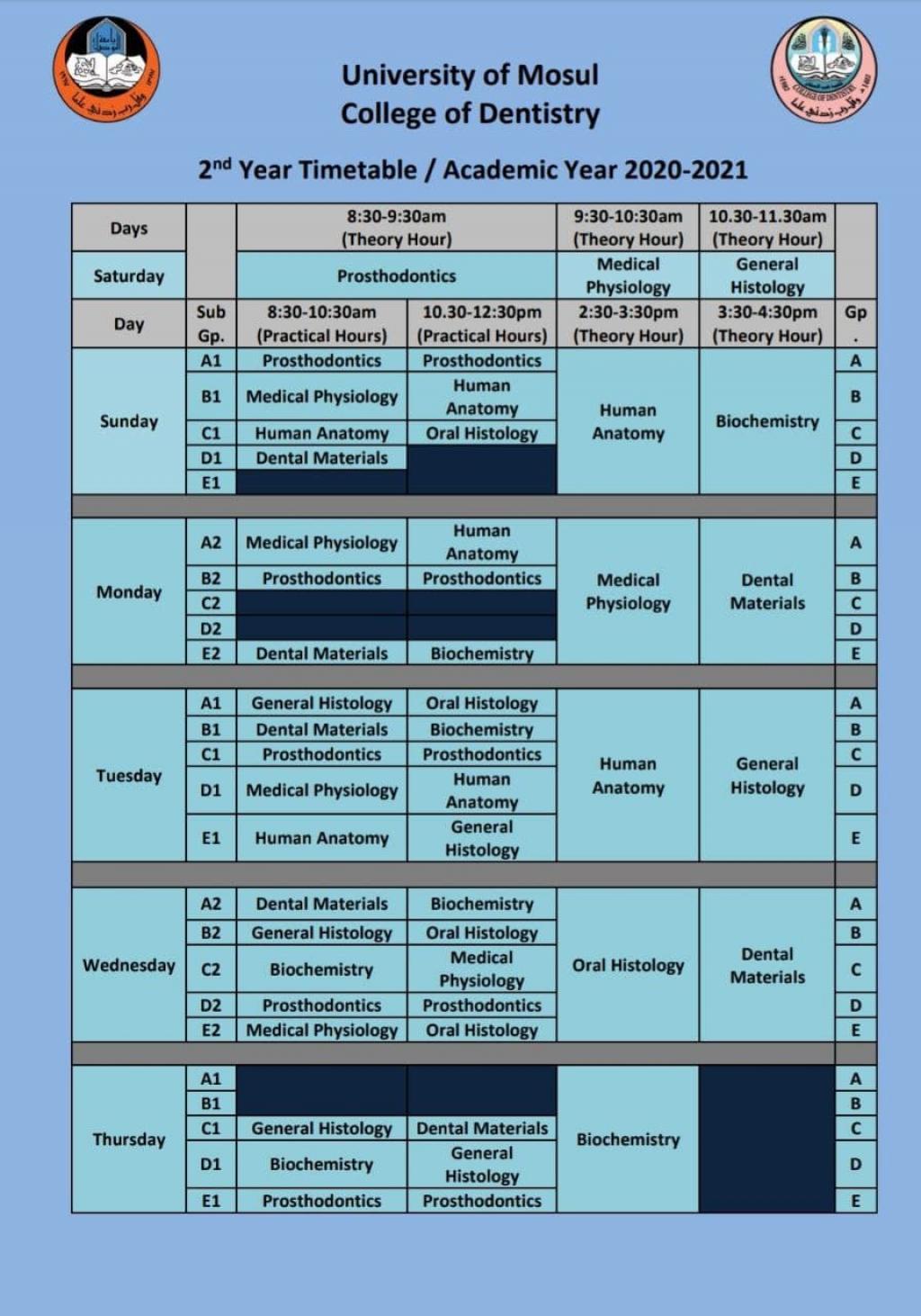 Student Timetable / Academic Year 2020-2021 – College of Dentistry