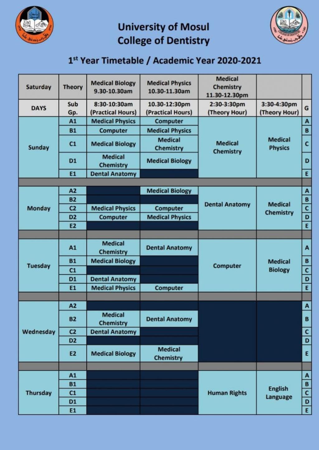 Student Timetable / Academic Year 2020-2021 – College of Dentistry