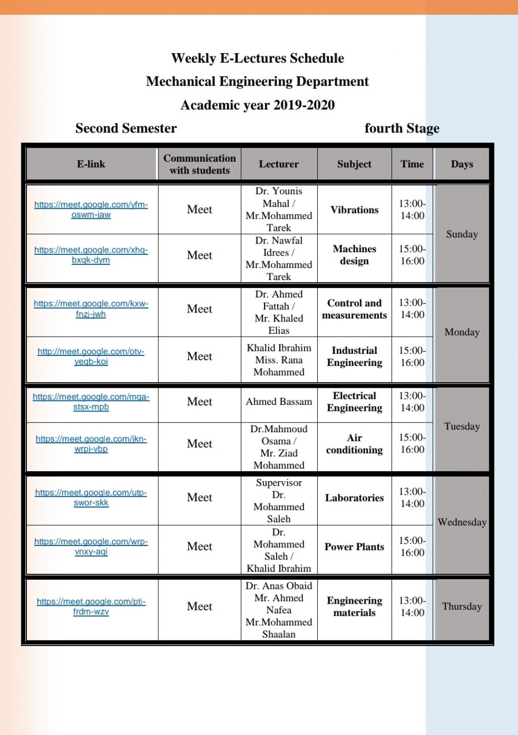 schedules – College of Engineering