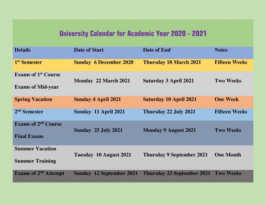 Announcing the University Calendar for the Academic Year 2020-2021 ...