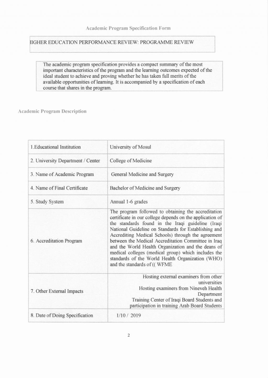 Academic Program Description – College of Medicine